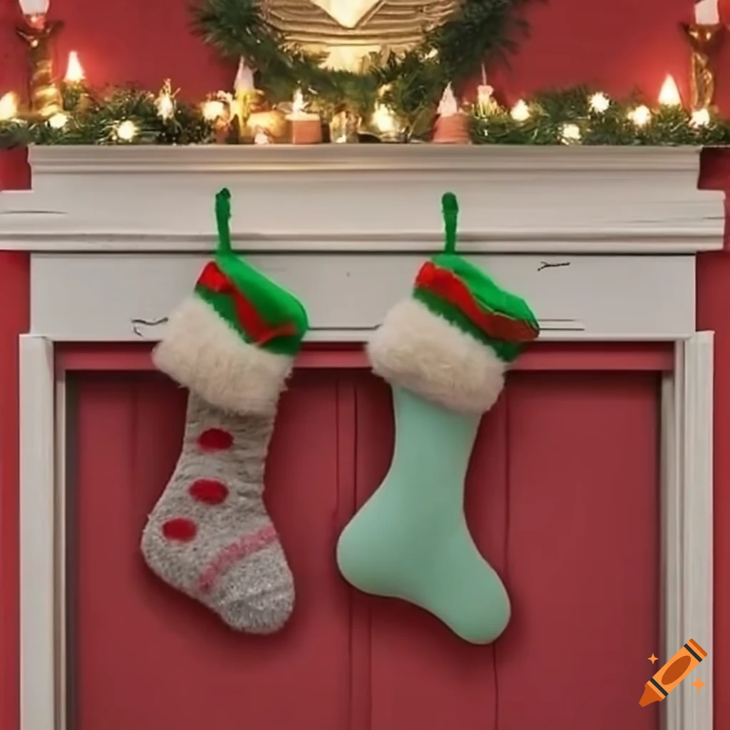 Three Christmas stockings hanging on a mantle - two large, one small on ...