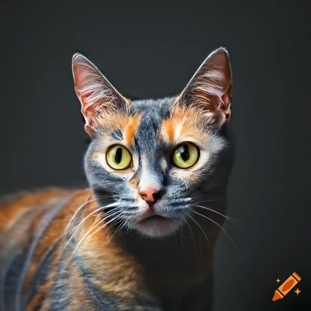 Blue grey and scarlet orange tortoiseshell cat with lightning-like ...