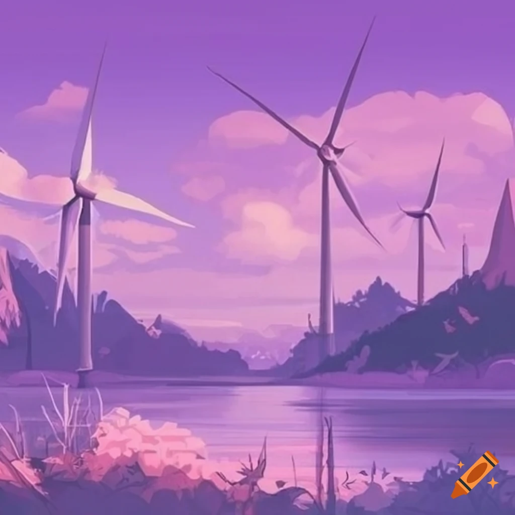 Purple pastel aesthetic landscape with wind turbines and cats in anime ...