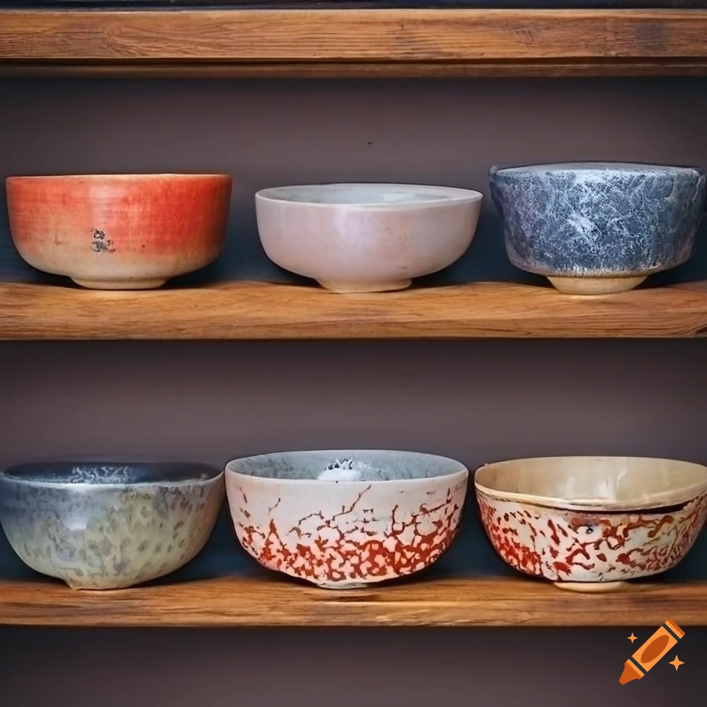 Wooden display shelf with colorful Japanese tea bowls including raku ...