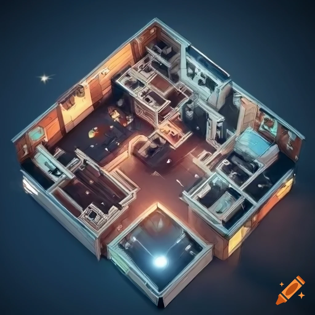 Top-down floor-plan of a starship with several rooms in a blueprint ...