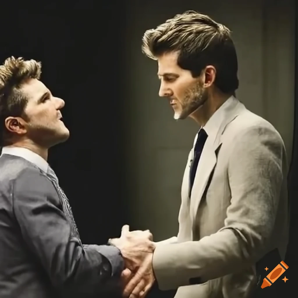 Adam Scott meeting a clone of himself and shaking hands on Craiyon