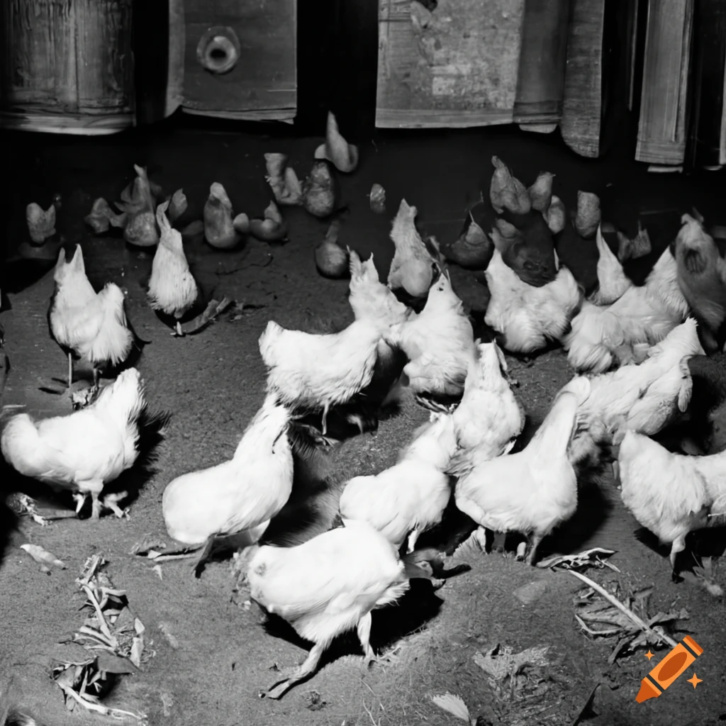 Jelly fungus surrounded by small chickens and trash in a vintage ...