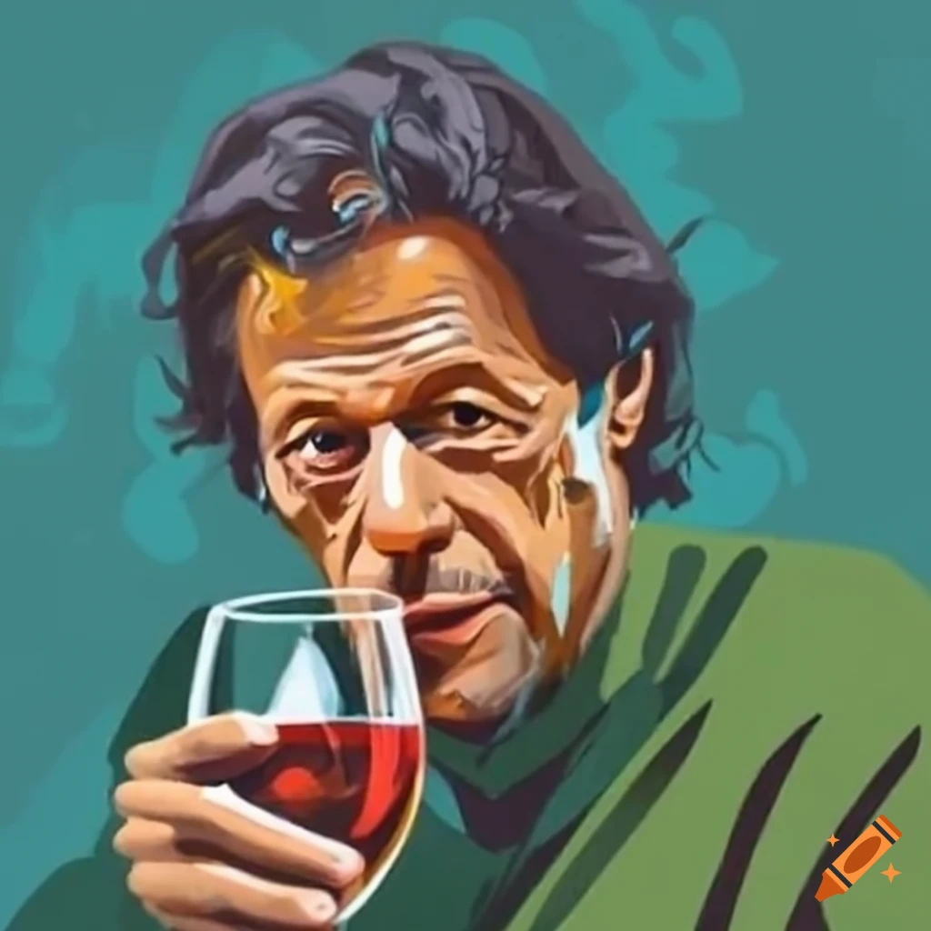 Imran Khan enjoying a glass of wine in a tranquil setting on Craiyon