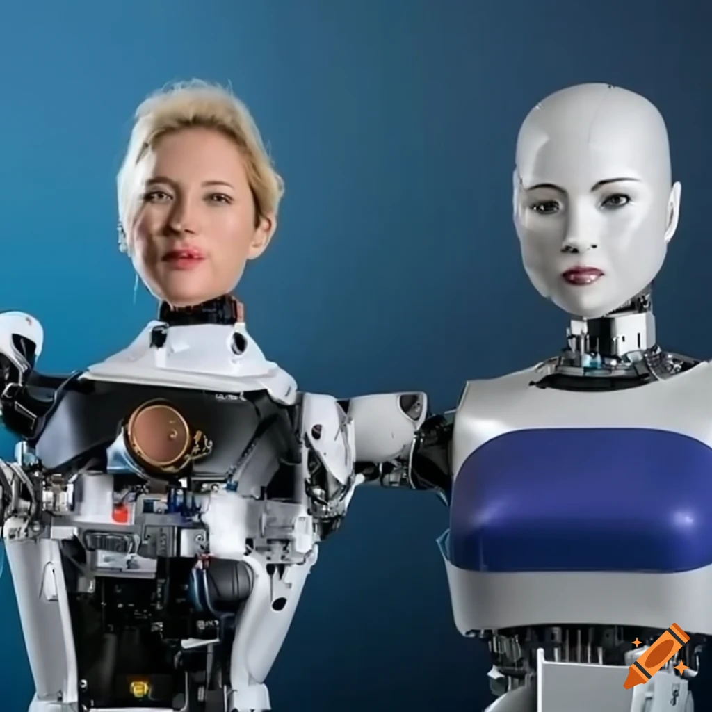 Split-screen of beautiful human female and intricate humanoid robot on ...