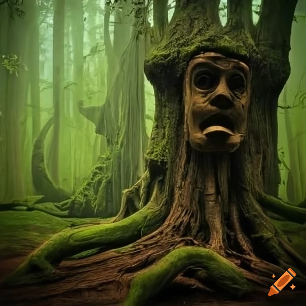 Mystical ancient trees with faces in a peaceful forest setting on Craiyon