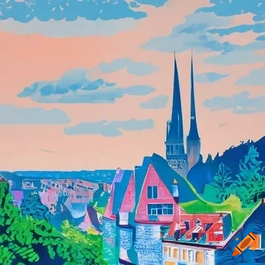 Vintage poster art showcasing Germany's architecture and lifestyle with David Hockney style on ...