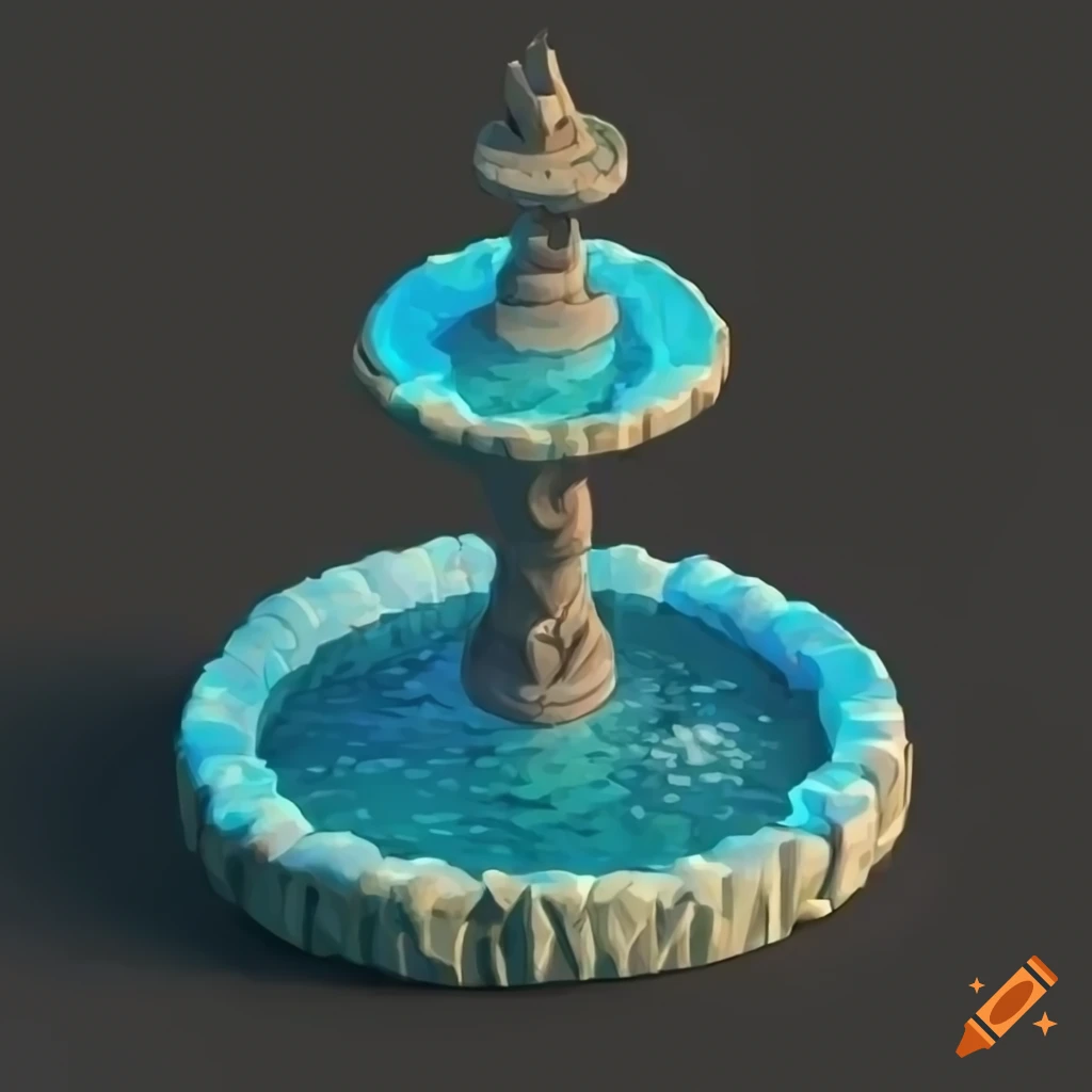 Isometric view of a stone round fountain with mana on Craiyon