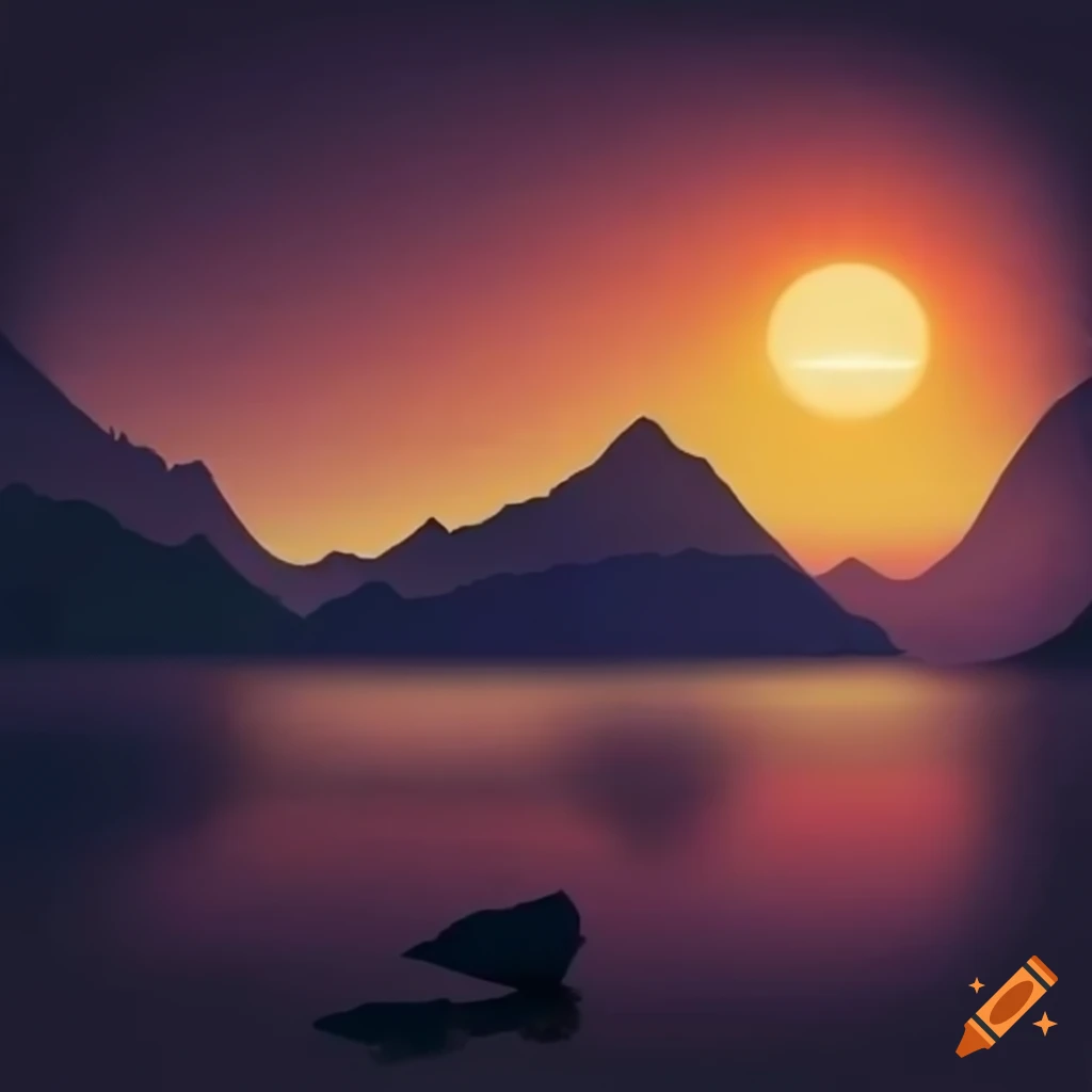 Mountains, water, and rising sun in a surreal artwork on Craiyon