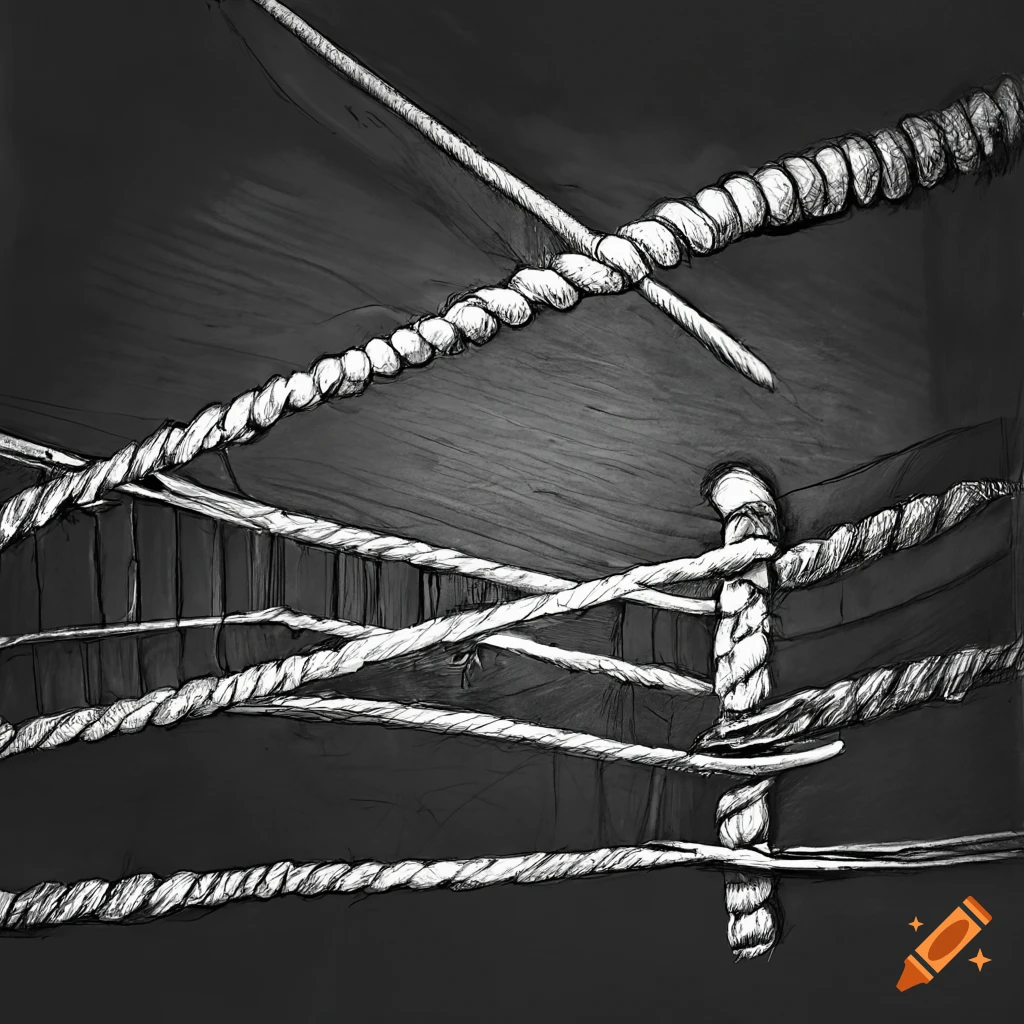 Detailed pencil sketch of a boxing ring from upper corner view on Craiyon