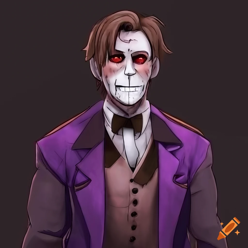 William afton character with glowing red eyes and patchwork skin in a ...