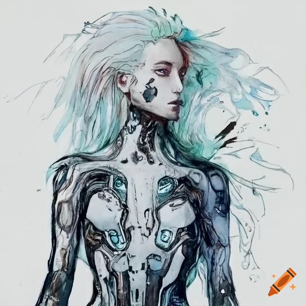 Young man cyborg in a high-tech bodysuit with cyan hair in manga style ...