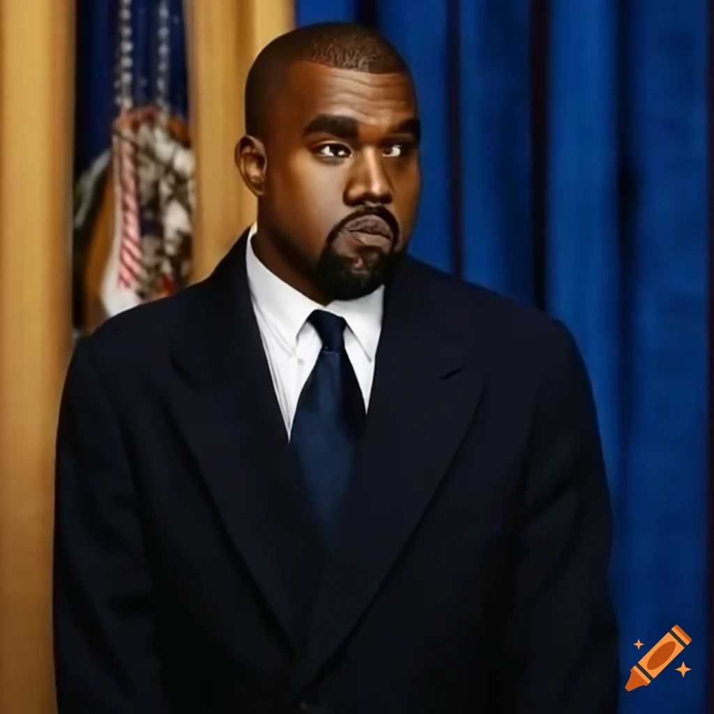 Portrait of Kanye West as President with American flag, serious ...