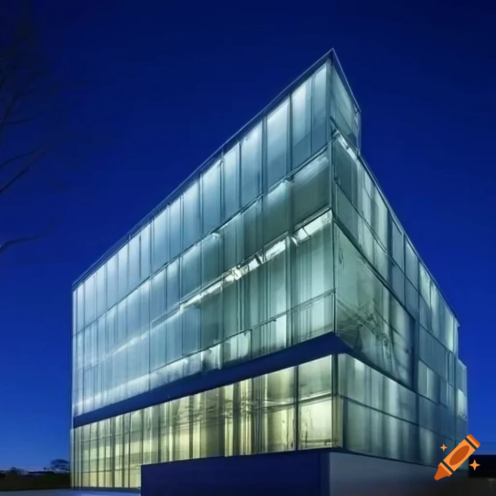 Modern three-story office building with translucent glass walls on Craiyon