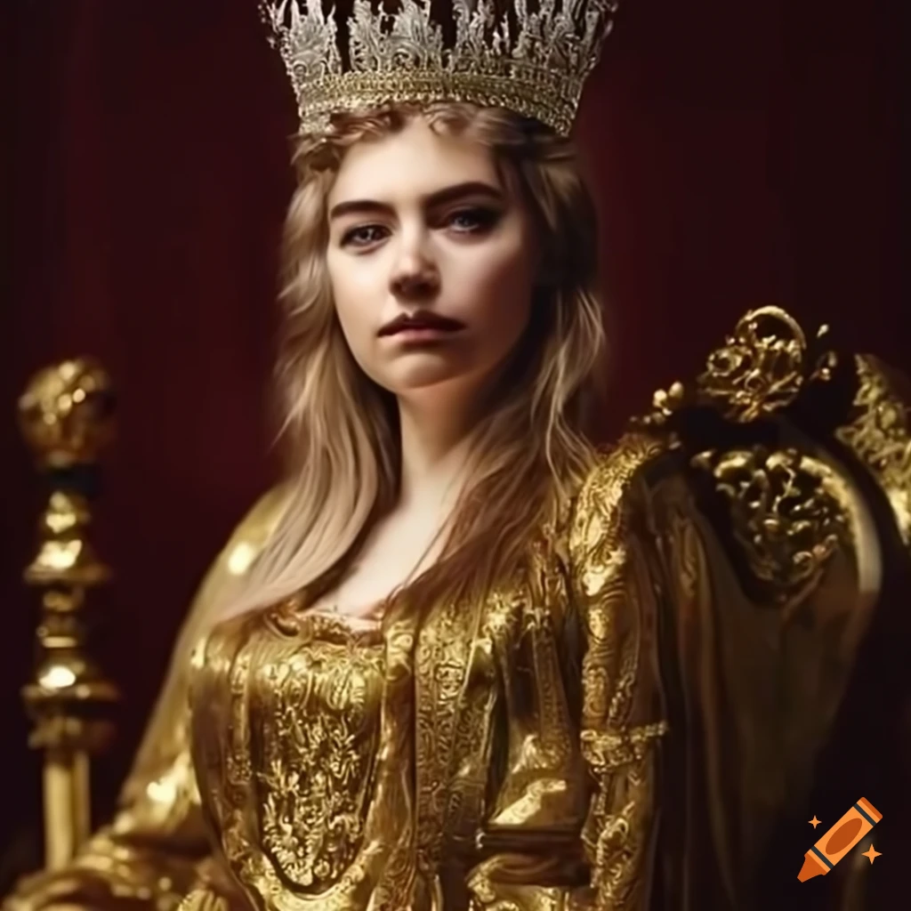 Imogen poots in victorian gown on gilded throne with golden sceptre on ...