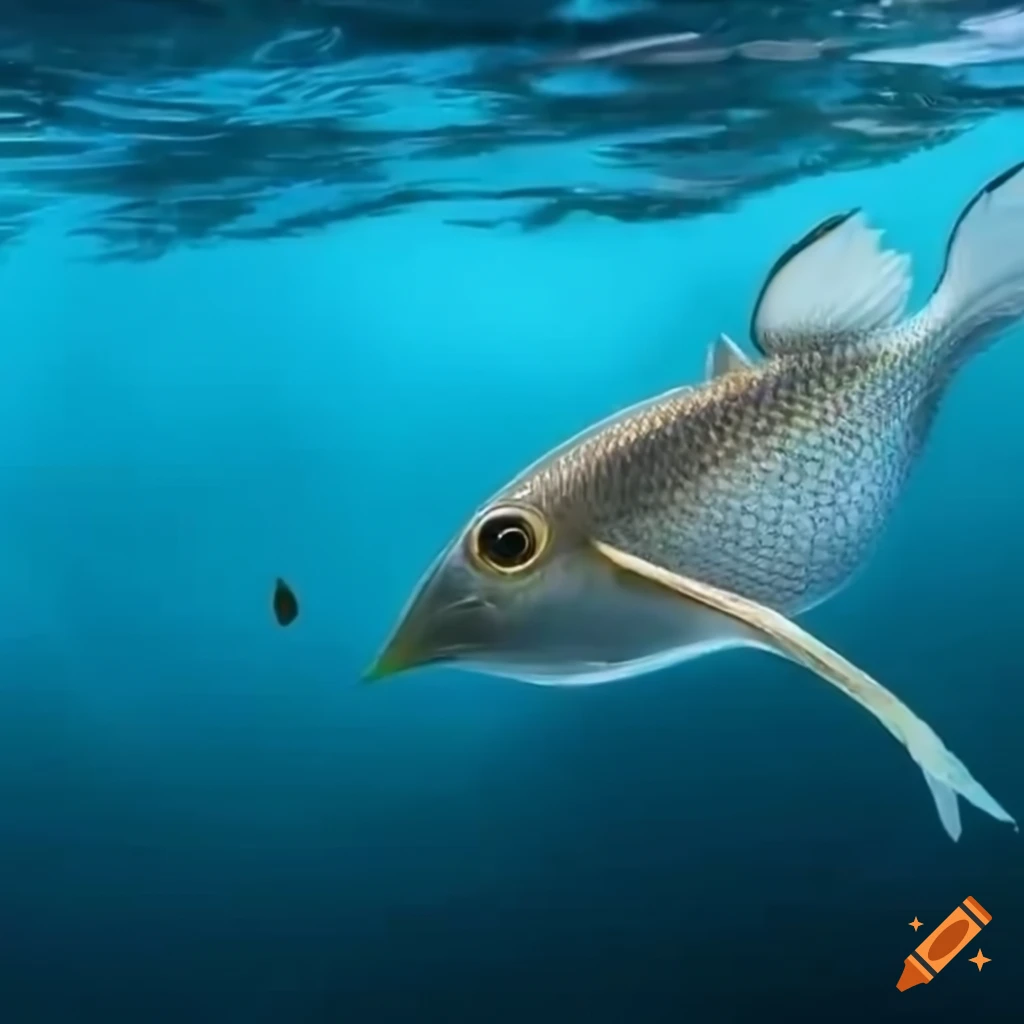 A futuristic style robotic fish with mechanical bird head and fish tail ...