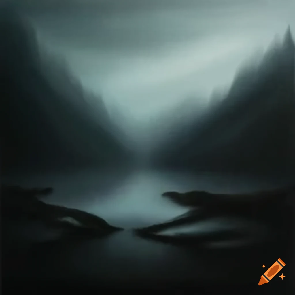 Lake hali surrounded by ominous mountains and gnarled trees on Craiyon