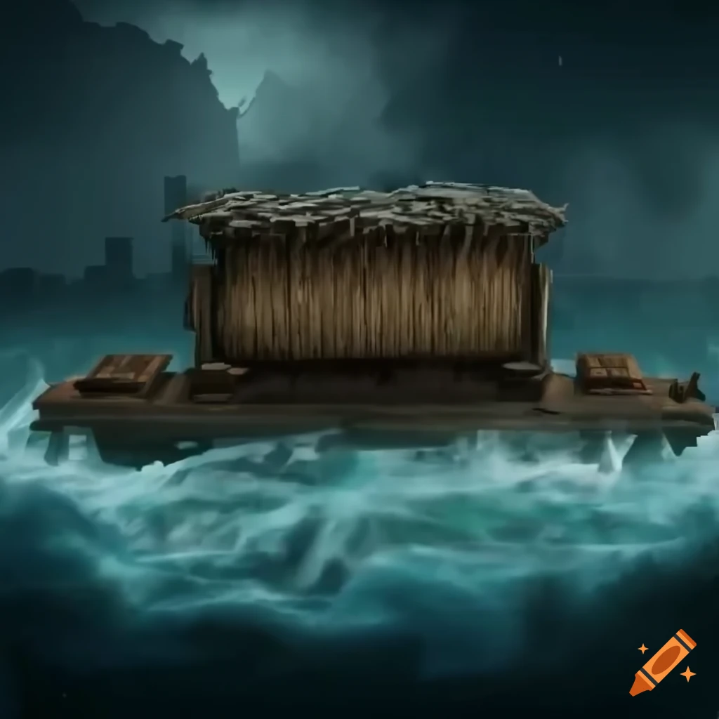 Primitive ark with thatch roof on stormy sea under dark clouds on Craiyon