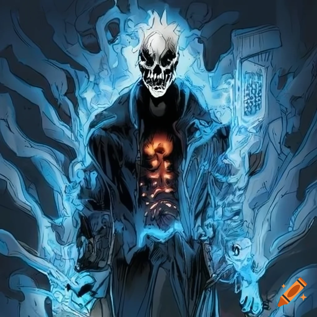 Ghost rider in blue color with only the head visible in a comic book ...