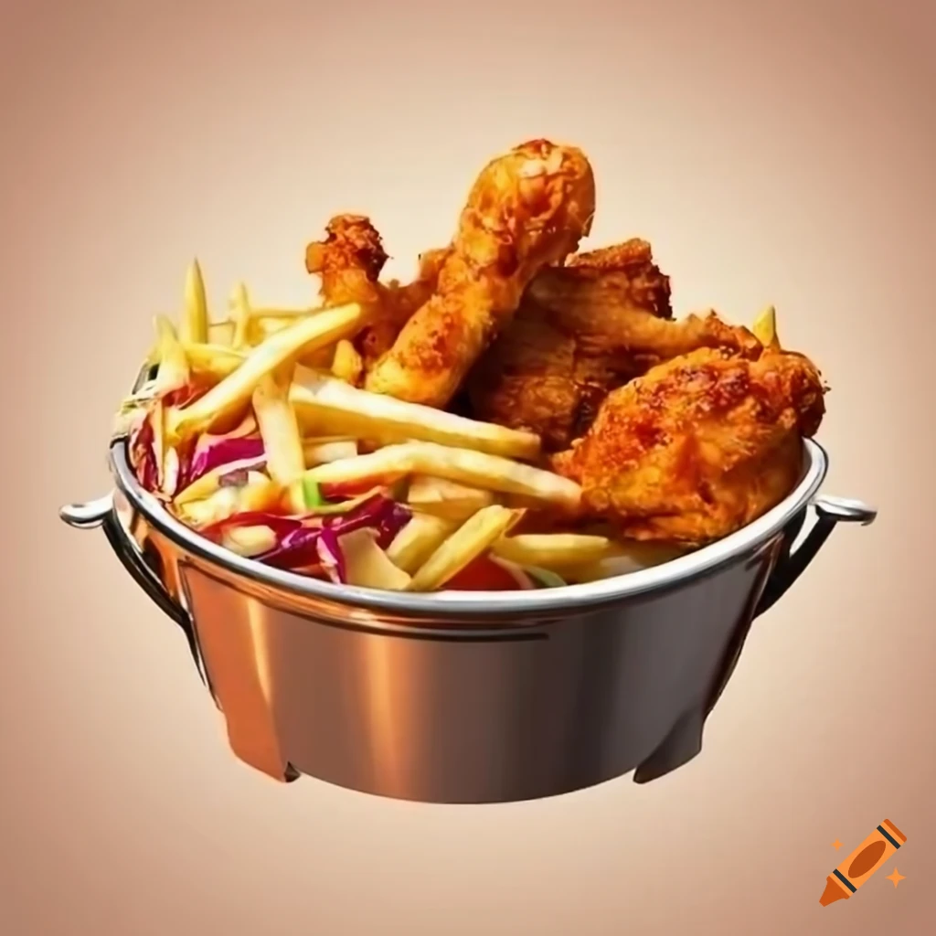 Bucket of spicy chicken with fries and coleslaw on Craiyon