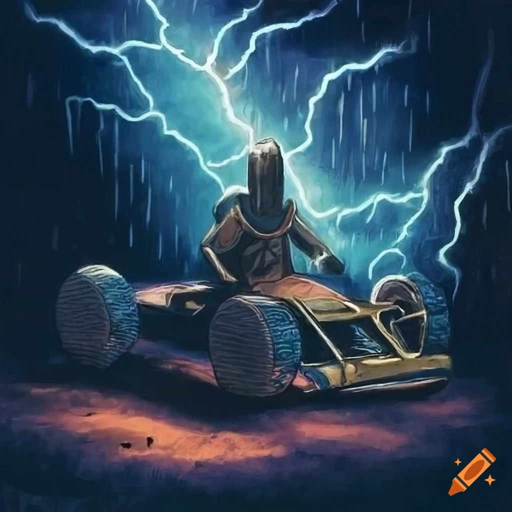 Knight riding lightning-themed go-kart through rainstorm in vintage ...