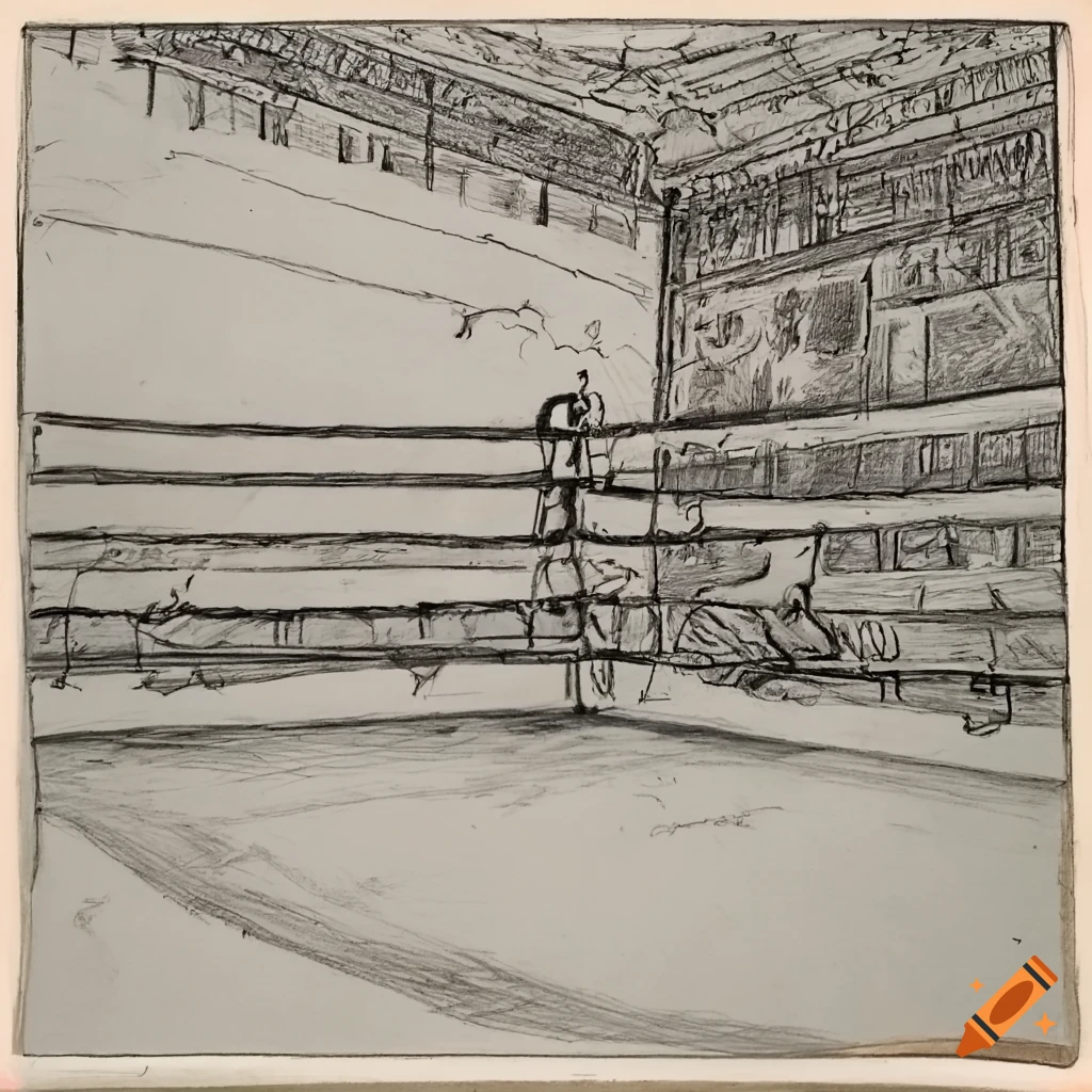 Detailed pencil sketch of a boxing ring from an upper corner view ...