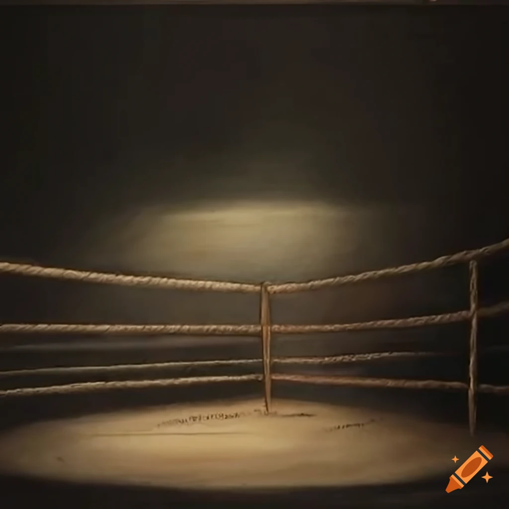 Detailed pencil sketch of a boxing ring from upper corner view on Craiyon