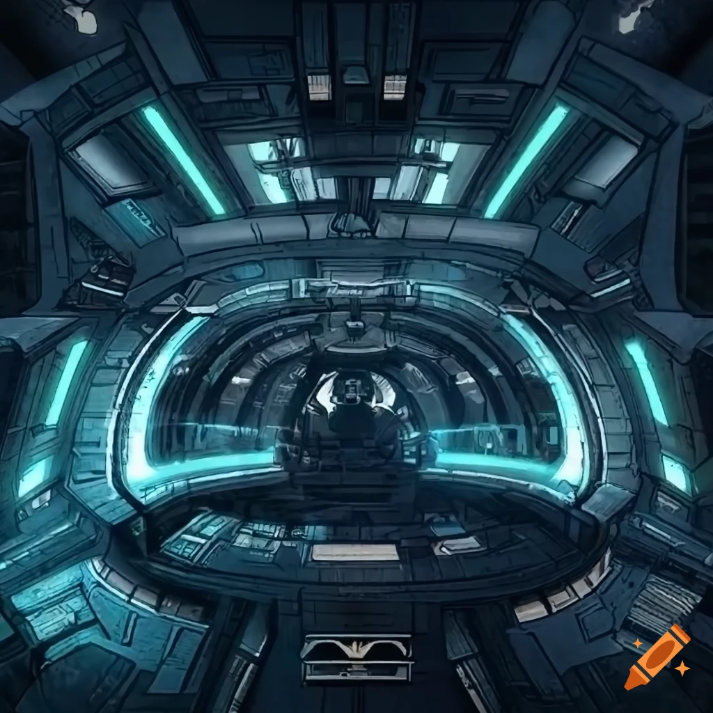 Futuristic space ship bridge command center with navigation systems and holographic display on ...