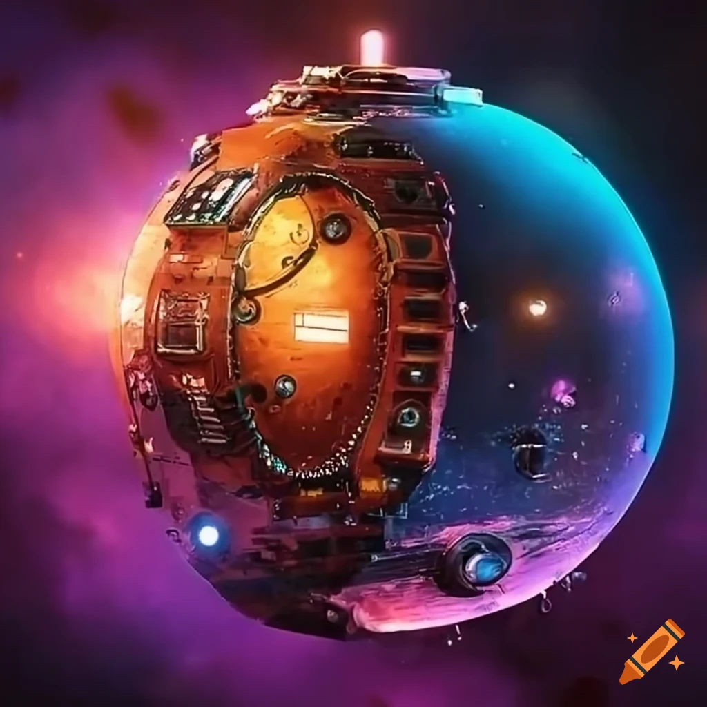 Steampunk space machine constructed with unknown technology on Craiyon