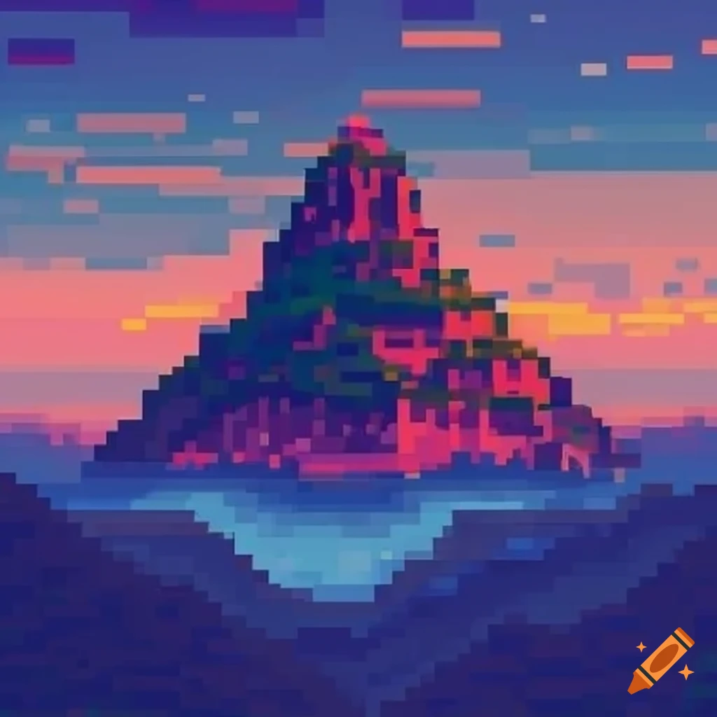 Pixel art of a beautiful sunset over a tall majestic mountain on Craiyon