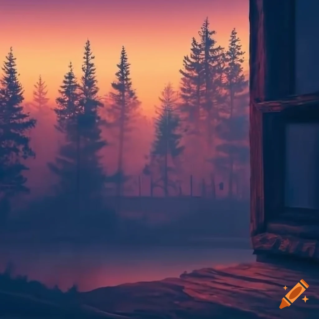 Sunset light shining through a cabin window onto a forest and old ...