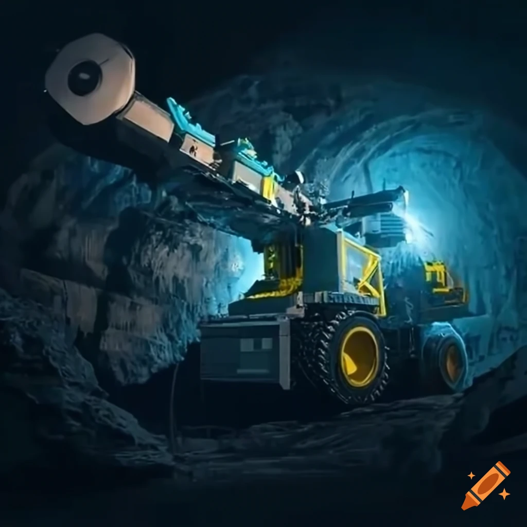 Futuristic mining drill rig powered by batteries in a mine on Craiyon