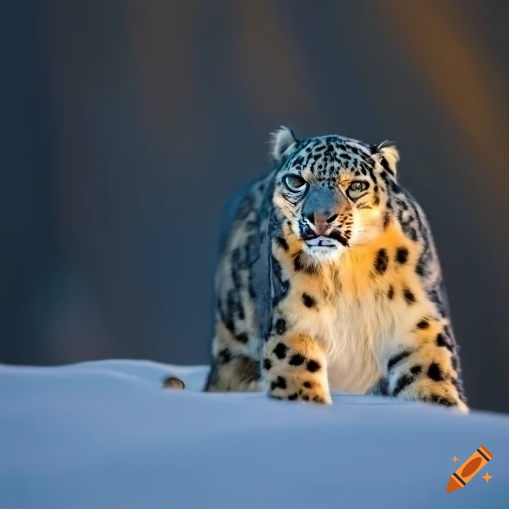 Majestic male snow leopard on rocky outcrop at sunrise on Craiyon