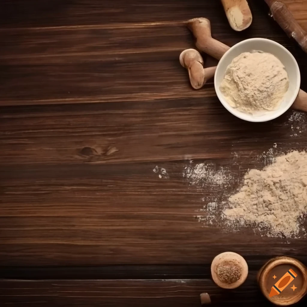 Rustic dark wood table top with flour specks and baking items on Craiyon