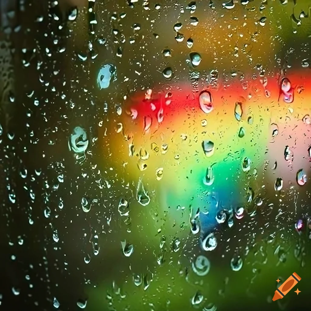 Close-up of raindrops on a window overlooking a lush green garden with ...