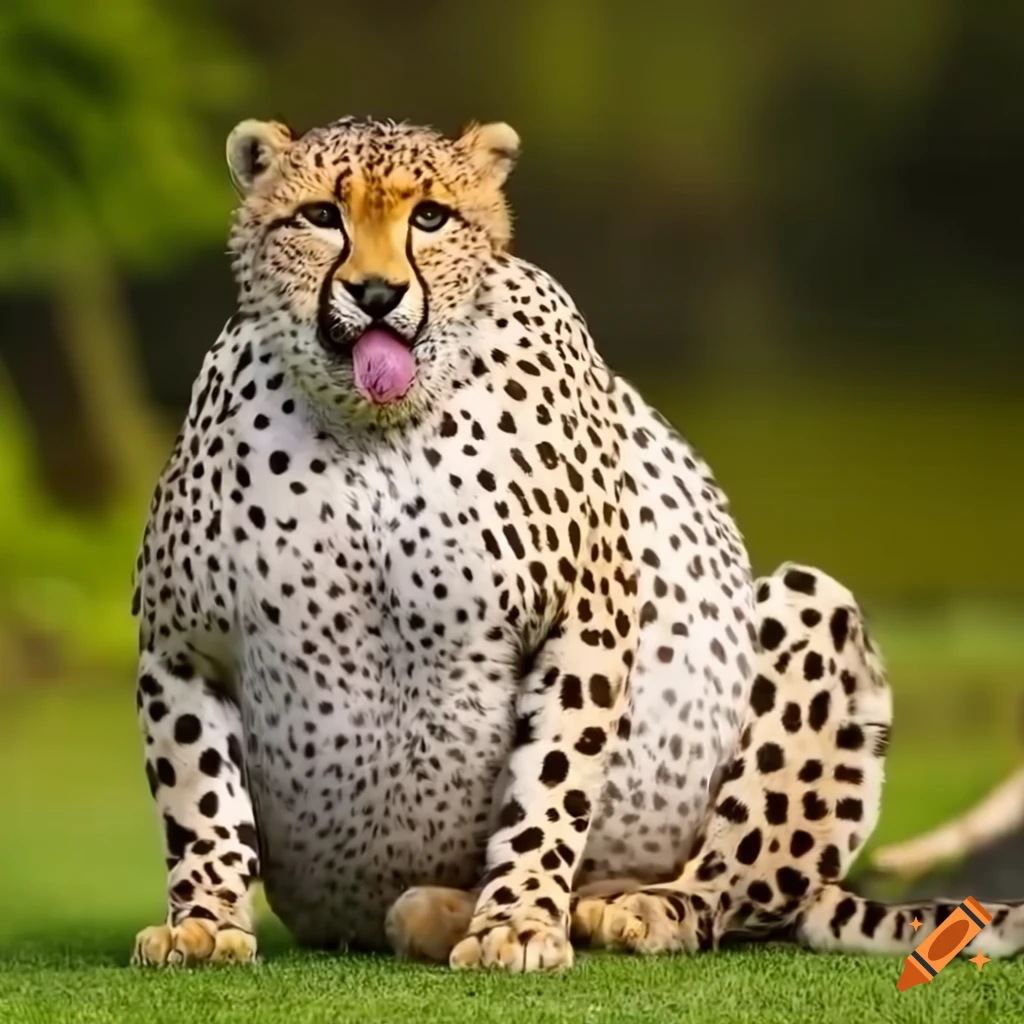 Cartoon fat cheetah enjoying donuts in a white button shirt on Craiyon