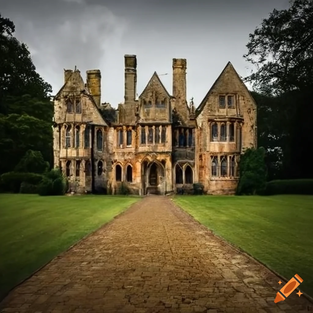Decaying facade of an old english gothic manor with gravel driveway on ...