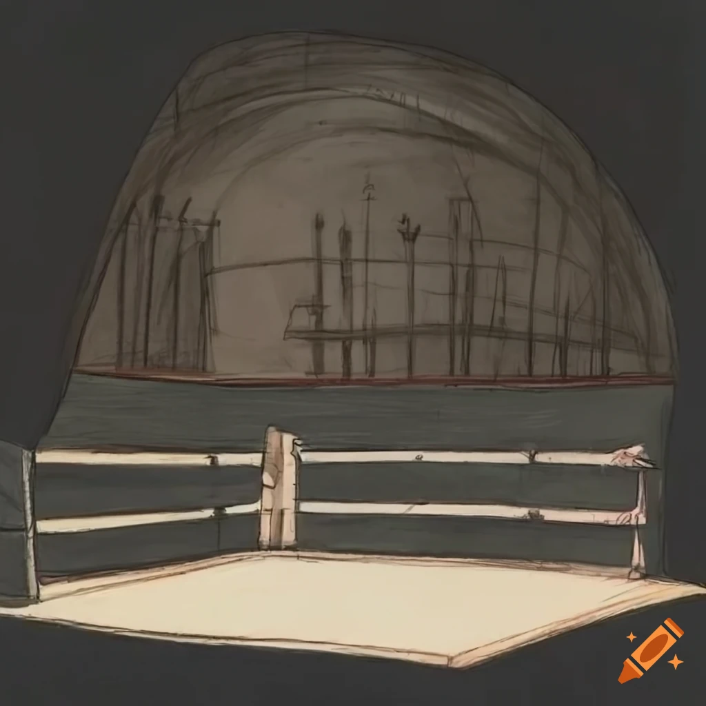 Detailed pencil sketch of a boxing ring from an upper corner view on ...