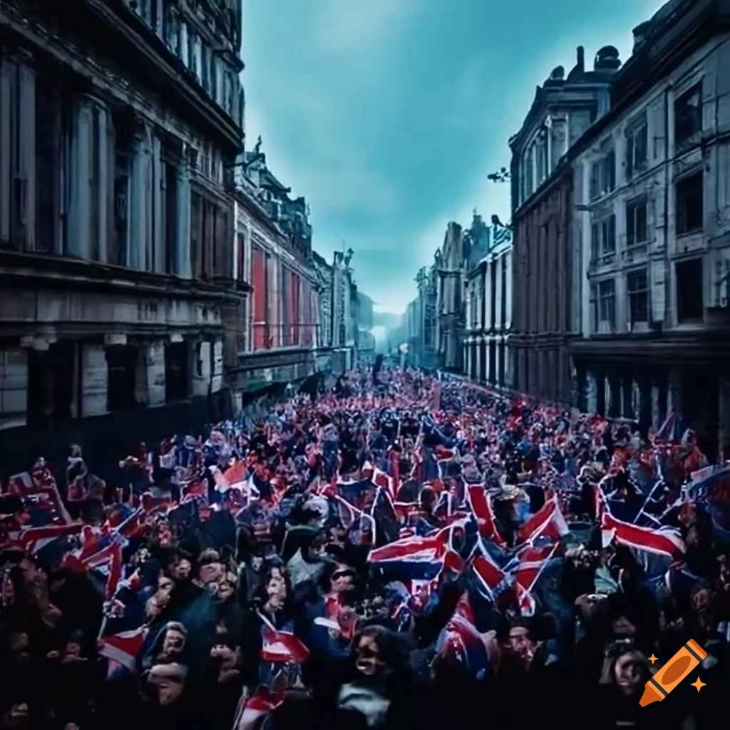 Protests on city streets with British flags in the evening, XX century ...