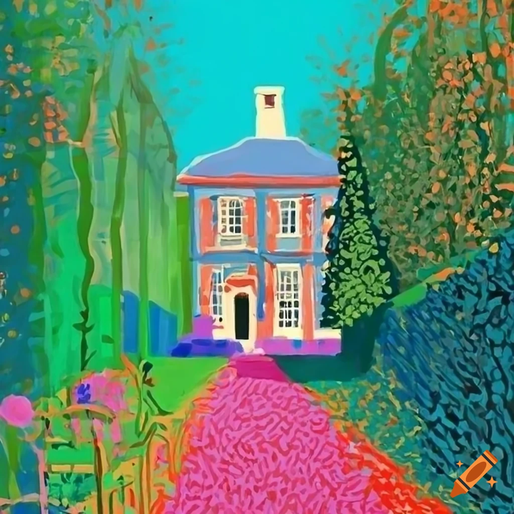 English house and garden in pop art and David Hockney style on Craiyon
