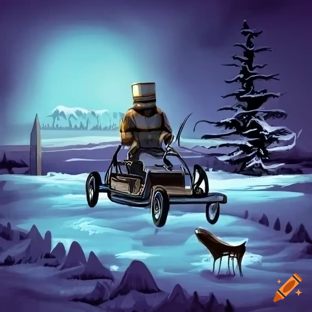 Knight riding freezing-themed go-kart through tundra in vintage-style ...