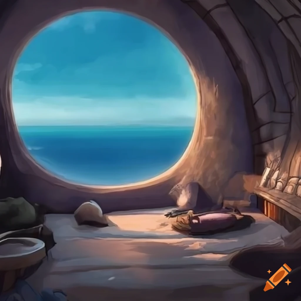 Cave home interior with round windows overlooking the ocean and a ship ...