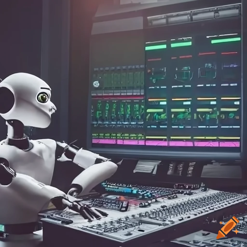 Robot ai mixing music in a recording studio with loudspeakers and large ...