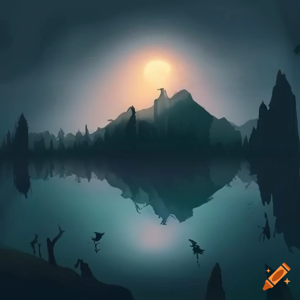 Illustration of Lake Hali, a sinister and mysterious place with dark ...