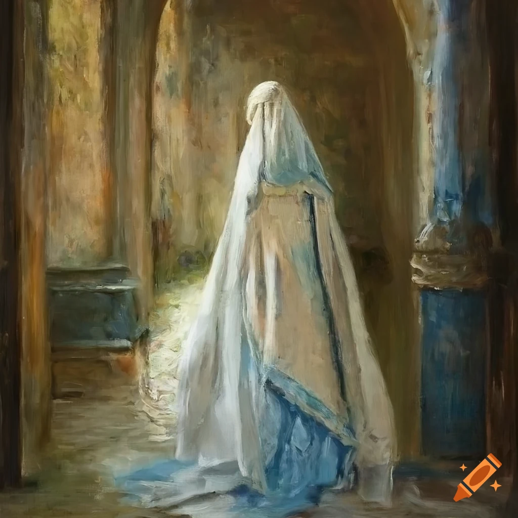 Textured oil painting of a medieval abbess by monet in a gothic castle ...
