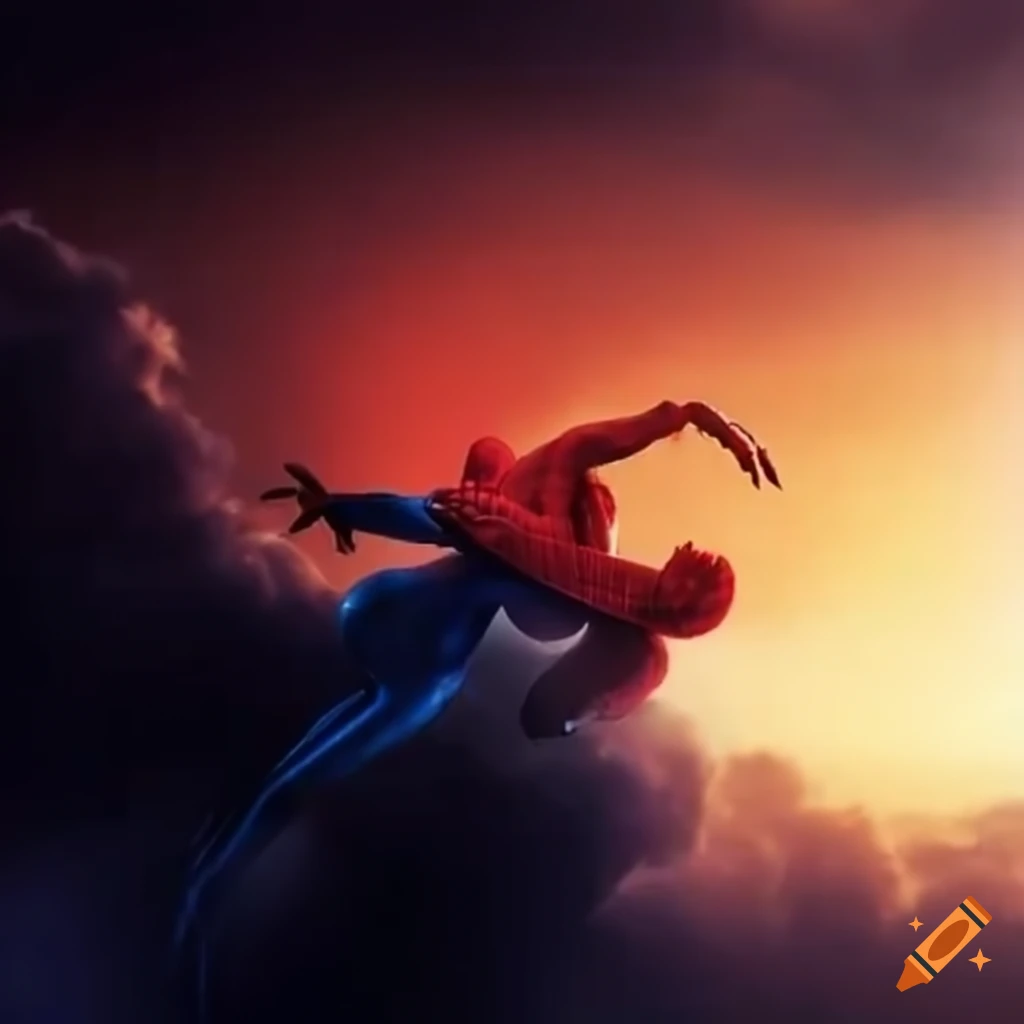 Spiderman fighting bad guys in the sky atop a cloud on Craiyon