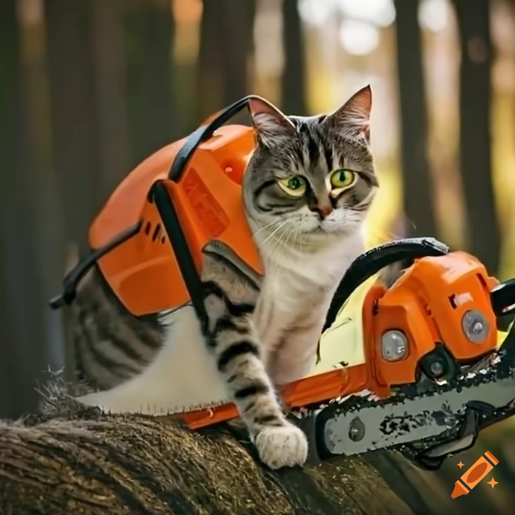 Clever cat with a helmet using a chainsaw in a forest on Craiyon