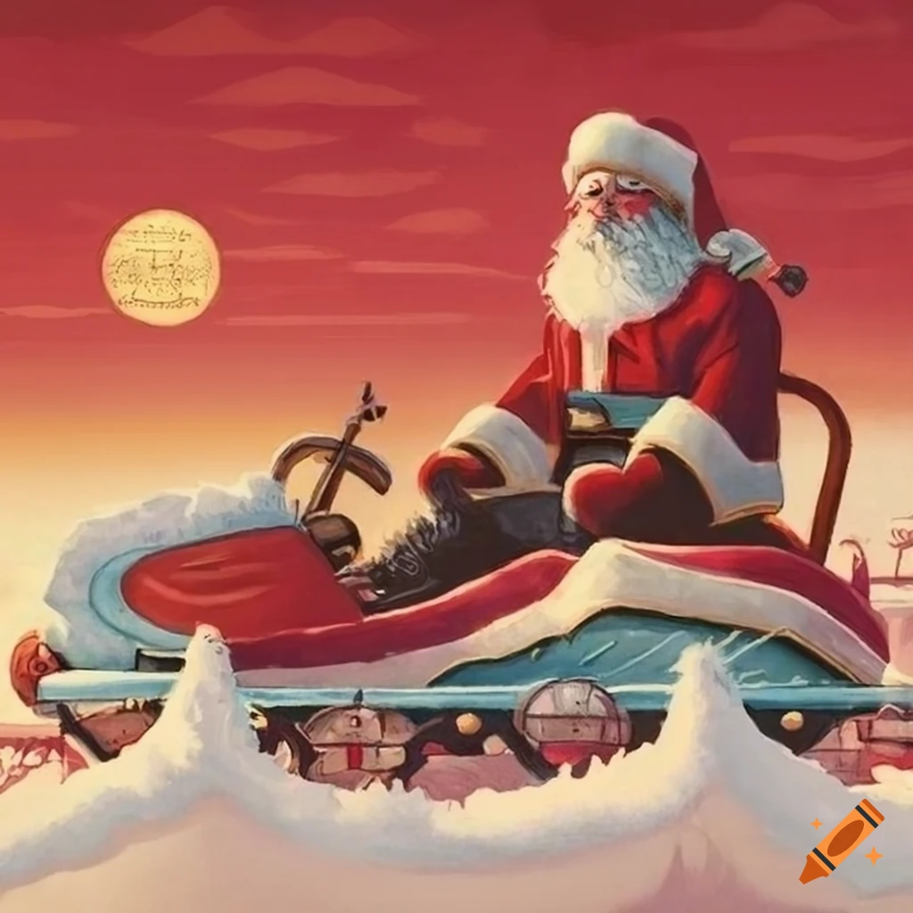 Knight riding a santa-themed go-kart at the north pole in vintage style ...