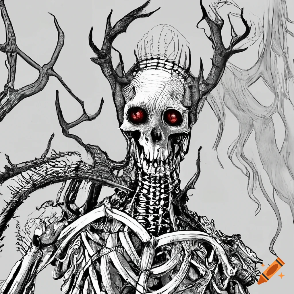 Blame! manga ink drawing of a mysterious skeleton creature with antler ...