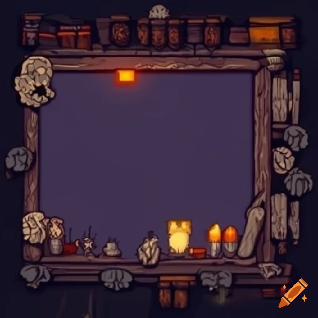 Pixel art rpg ui border frame in an eerie medieval tavern with skulls and bones on Craiyon